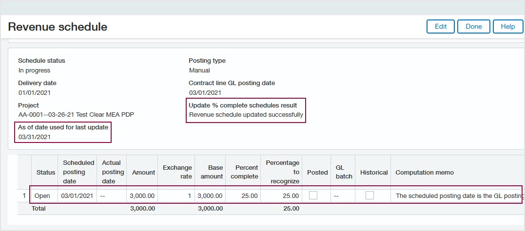Update percent complete revenue schedules—Contracts