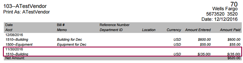 Print the credit invoice number and amount applied on a check stub