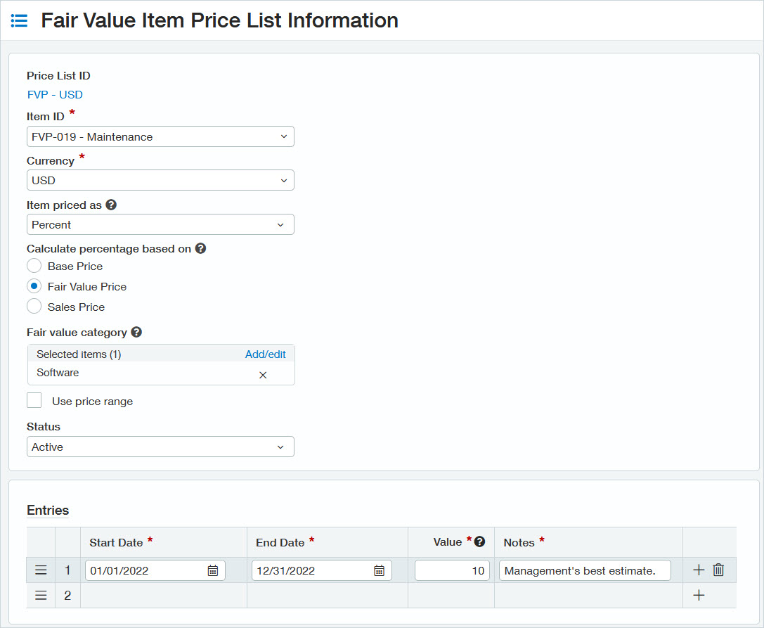 Fair value price list entries—Order Entry