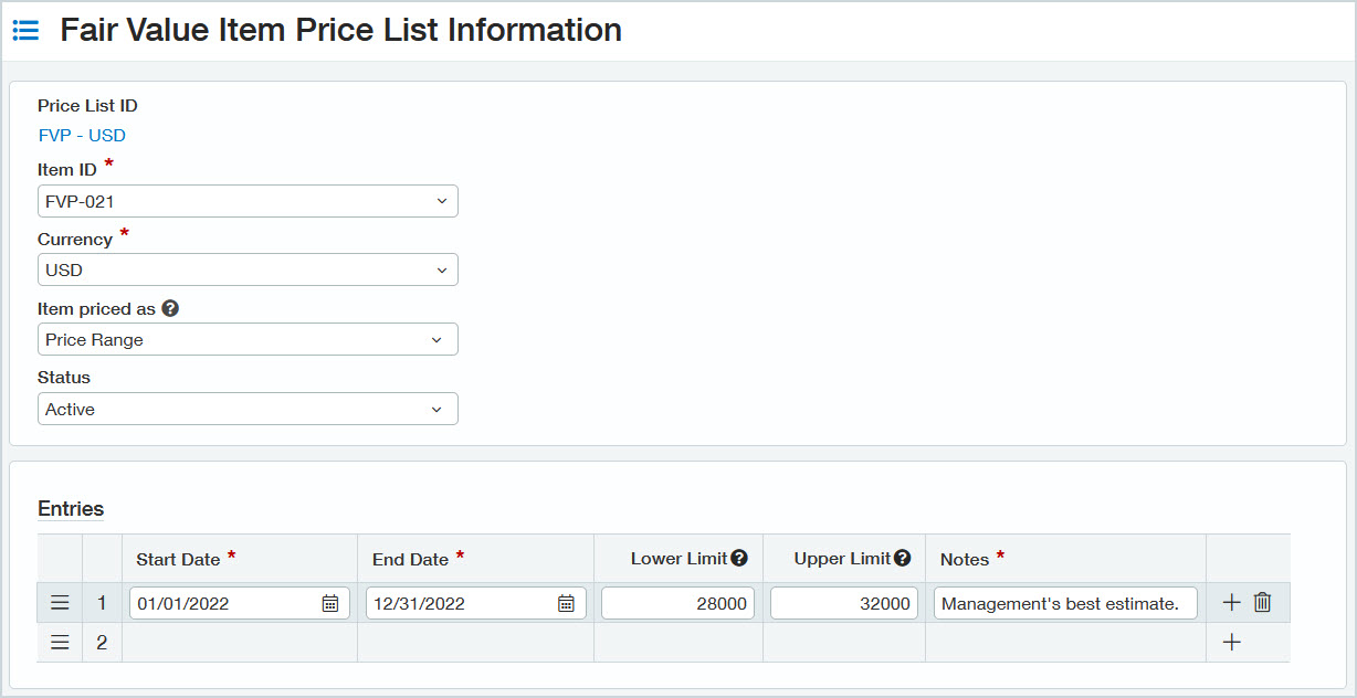 Fair value price list entries—Order Entry