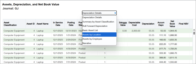 Analyze fixed assets, depreciation, and NBV with ICRW